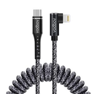 VODBOV USB-C to Lightning Cable 2FT to 8FT Right Angle Coiled Charging Cable Durable Coil MFi Certified Charger Cord Zebra Black