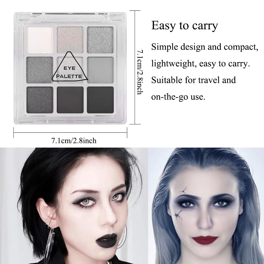 Yeweian Black Smokey Eyeshadow Palette, 9 Colors Black Silver Gray White Goth Eyeshadow Makeup Palette, Waterproof Cool Toned Matte Glitter Eyeshadow Palette Sombras De Ojos Profesional