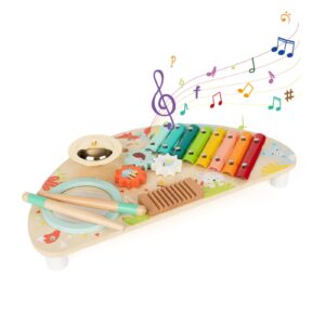 baby toys musical instruments, rundad all-in-one wooden montessori musical set for 1&2y (includes xylophone drum cymbal guiro gears), gifts for 1+ year old girl preschool