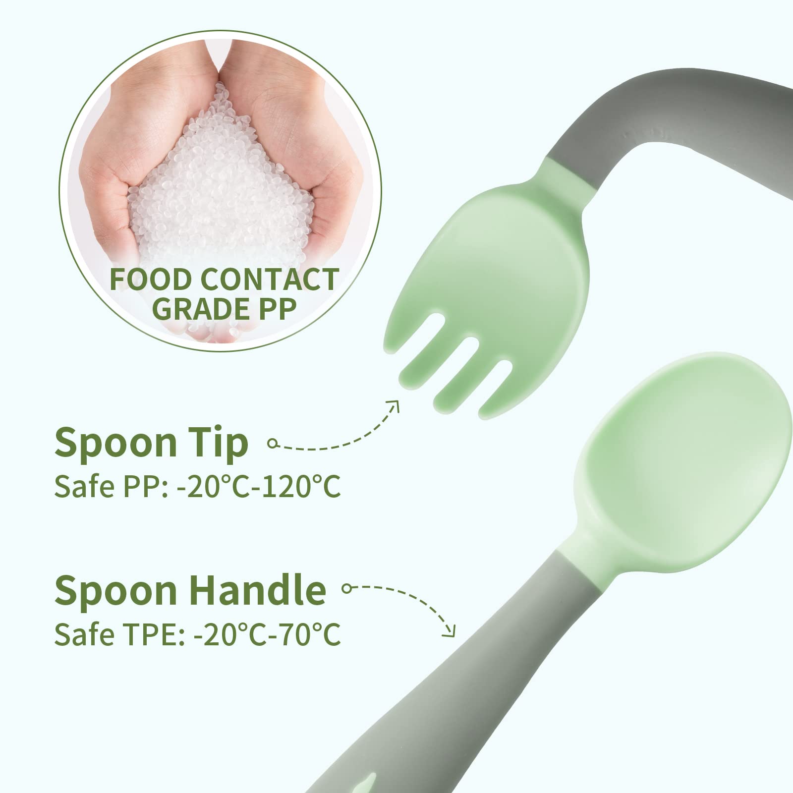 Baby Utensils Spoons Forks Sets with Travel Safe Case, Easy Grip Heat Resistant Bendable BPA Free Toddler Feeding Training Utensils Sets (Green)