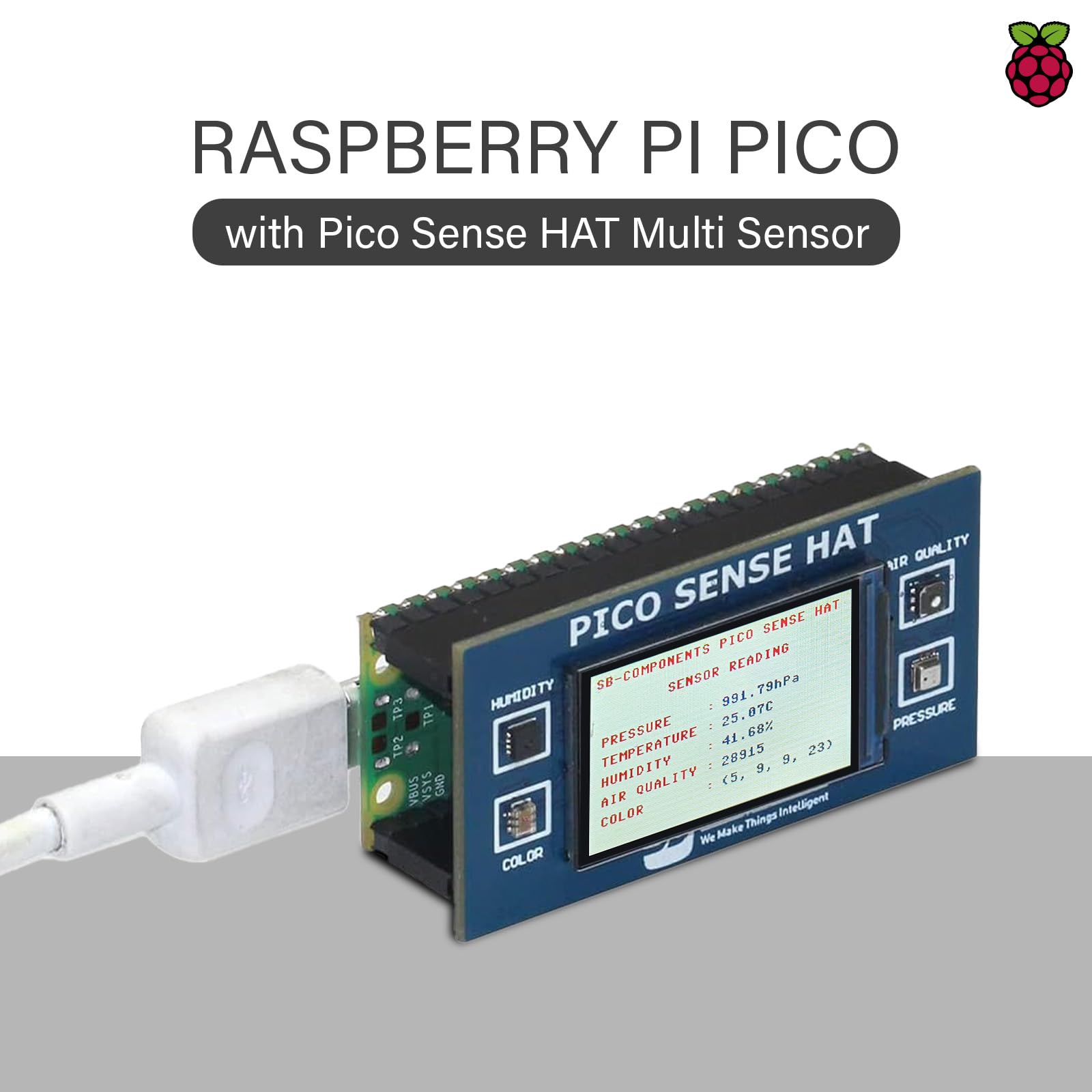 Raspberry Pi Pico with Pico Sense HAT Multi Sensor Humidity, Air Quality, Color, Pressure Sensor Sense HAT for Pico with Inbuilt 1.14” LCD Display