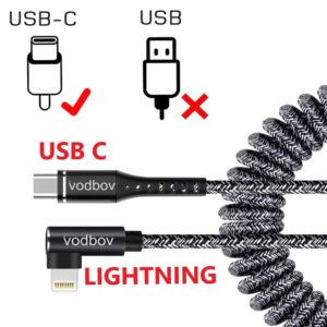 VODBOV USB-C to Lightning Cable 2FT to 8FT Right Angle Coiled Charging Cable Durable Coil MFi Certified Charger Cord Zebra Black