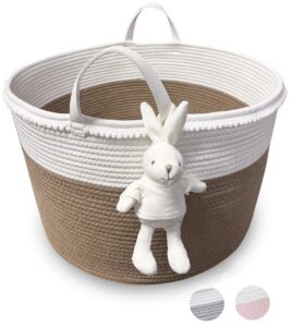 baby laundry basket -large baby basket toy storage – grey laundry hamper- pink hamper -toy storage woven baskets and nursery organizer - toy organizers and storage- brown color with bunny rattle