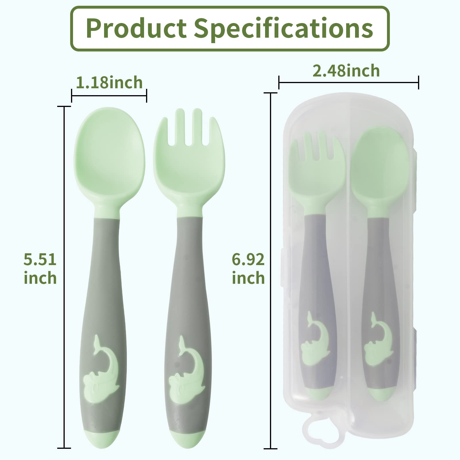 Baby Utensils Spoons Forks Sets with Travel Safe Case, Easy Grip Heat Resistant Bendable BPA Free Toddler Feeding Training Utensils Sets (Green)