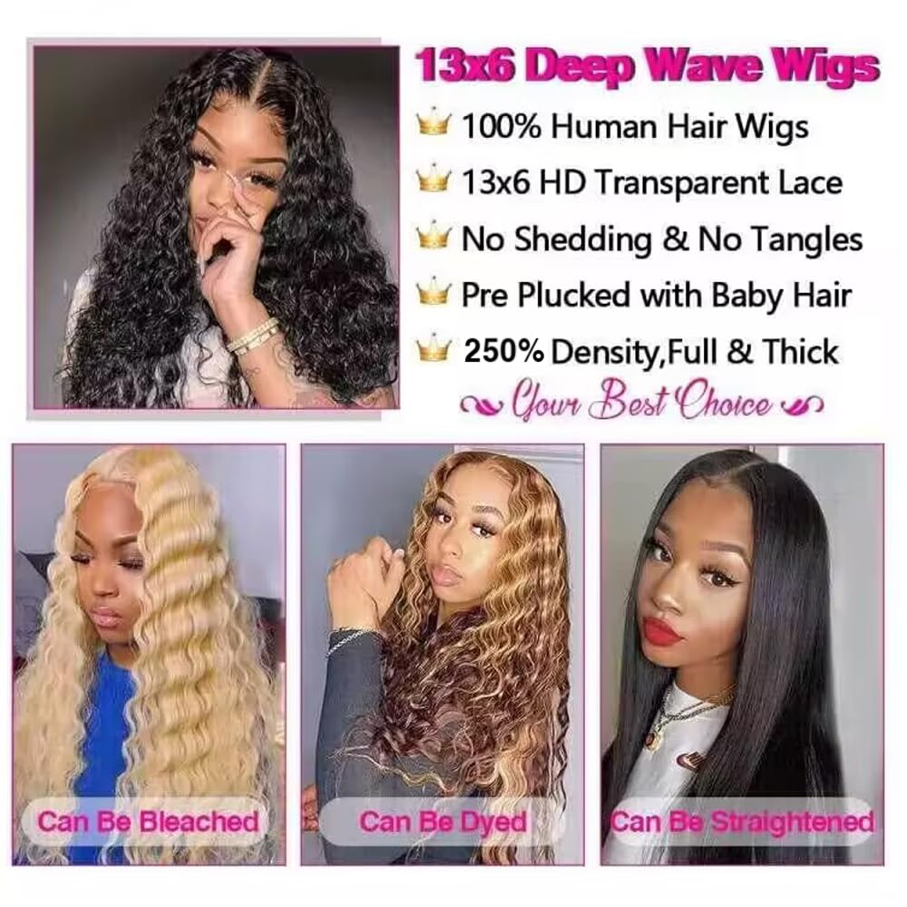 CHEETAHBEAUTY Deep Wave 13X6 HD Transparent Lace Front Wigs Brazilian 10A Grade Deep Curly Human Hair Wigs for Black Women Pre Plucked with Baby Hair Natural Black 250% Density(30inch)