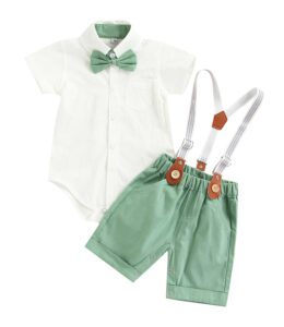 qiylii infant baby boys short sleeve bowtie buttons bodysuit shirts suspender shorts casual summer clothes (green, 3-6 months)