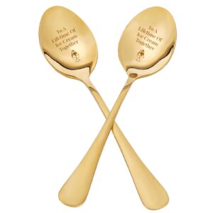 globleland 2pcs to a lifetime of ice cream together spoon with gift box golden engraved stainless steel table spoons for friends families festival christmas birthday wedding,7.2''