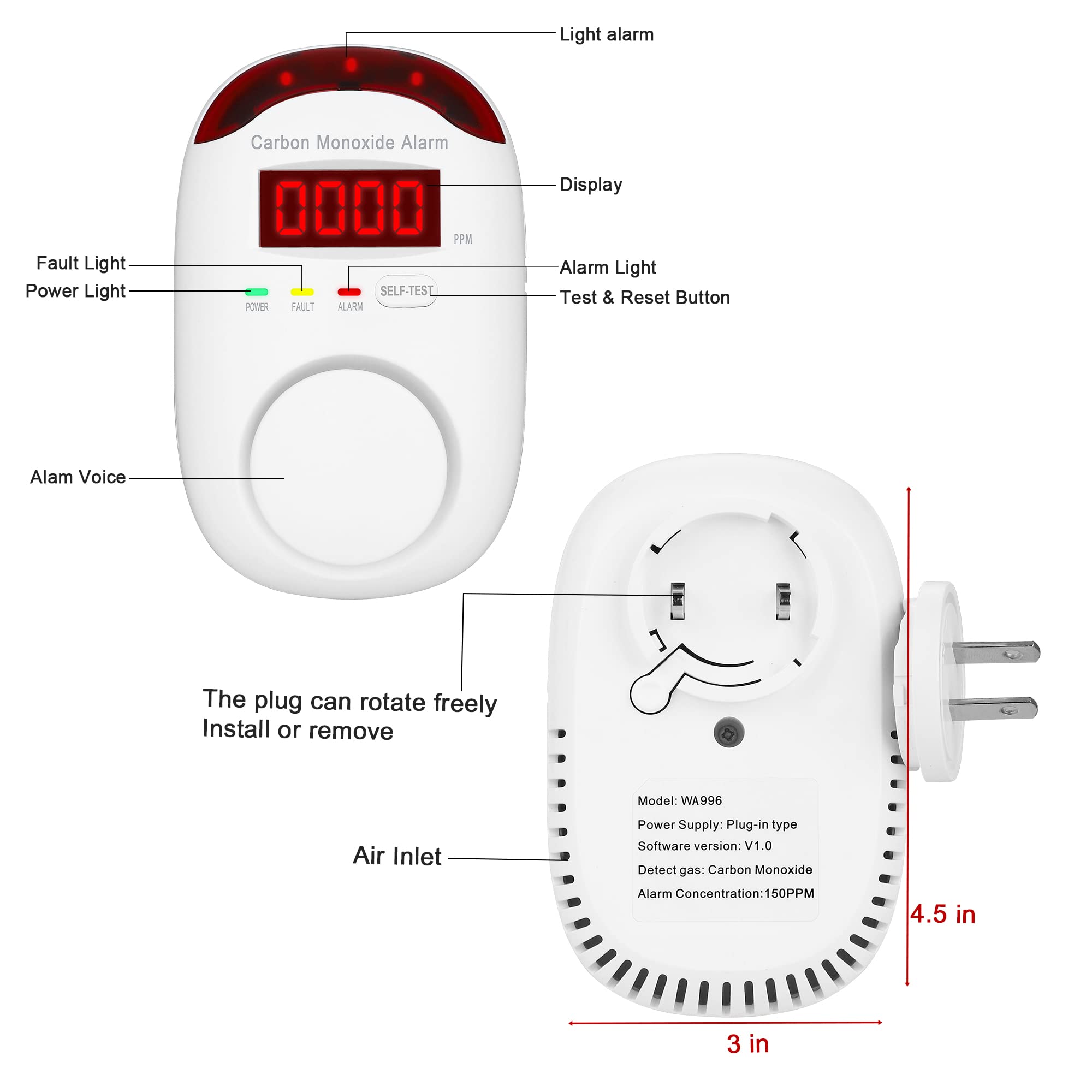 Plug-in Carbon Monoxide Detectors,Koabbit CO Level Monitoring Alarm with Light & Digital Display for Home/Kitchen/Bedroom,Accurate & Easy to Install(2 Pack)