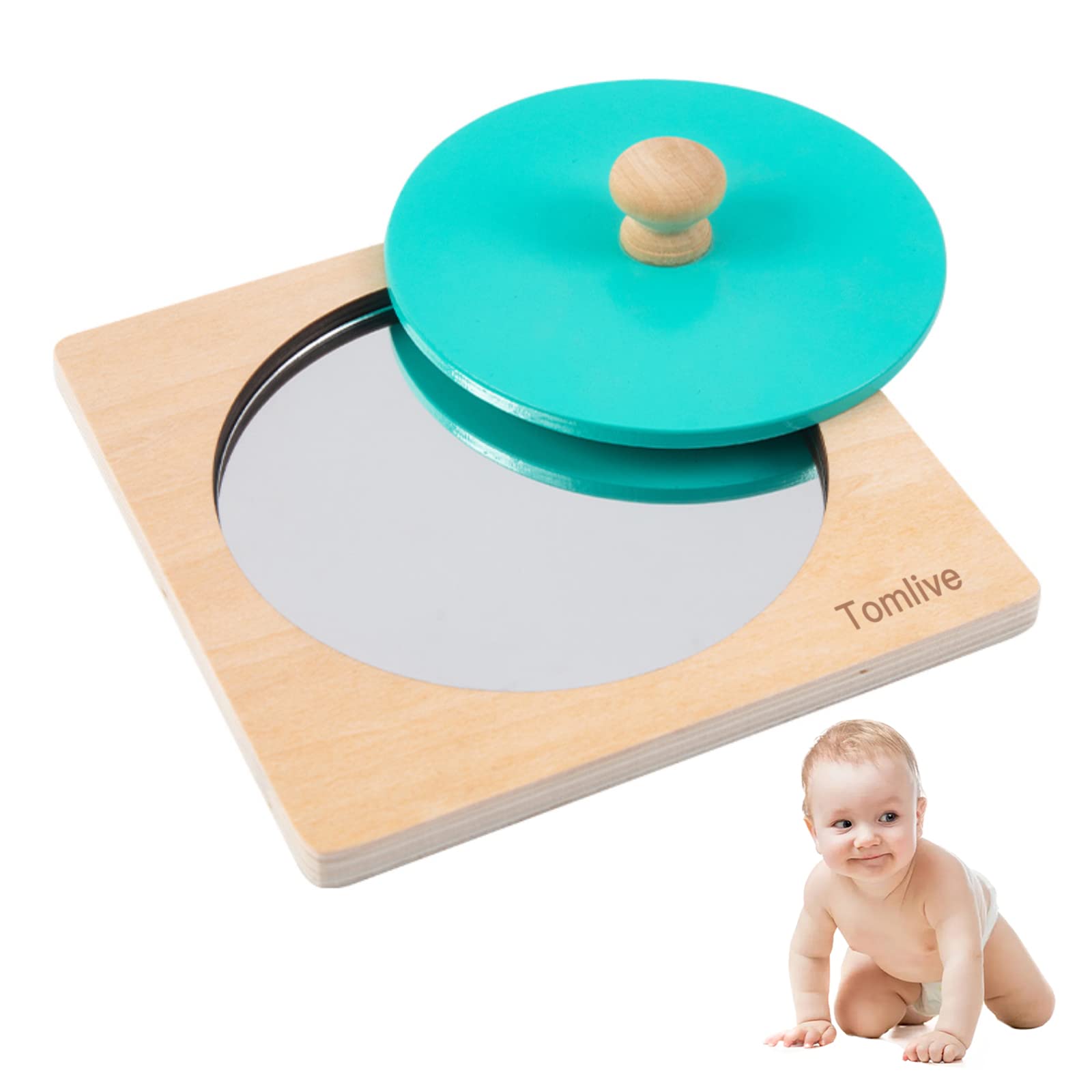 Baby Tummy Time Mirror, Montessori Toys for Babies 0-6-12 Months, Wooden Peekaboo Knob Puzzle, Sensory Development Toys for Infant Toddler, Best Baby Boys Girls Gift Idea(Blue)