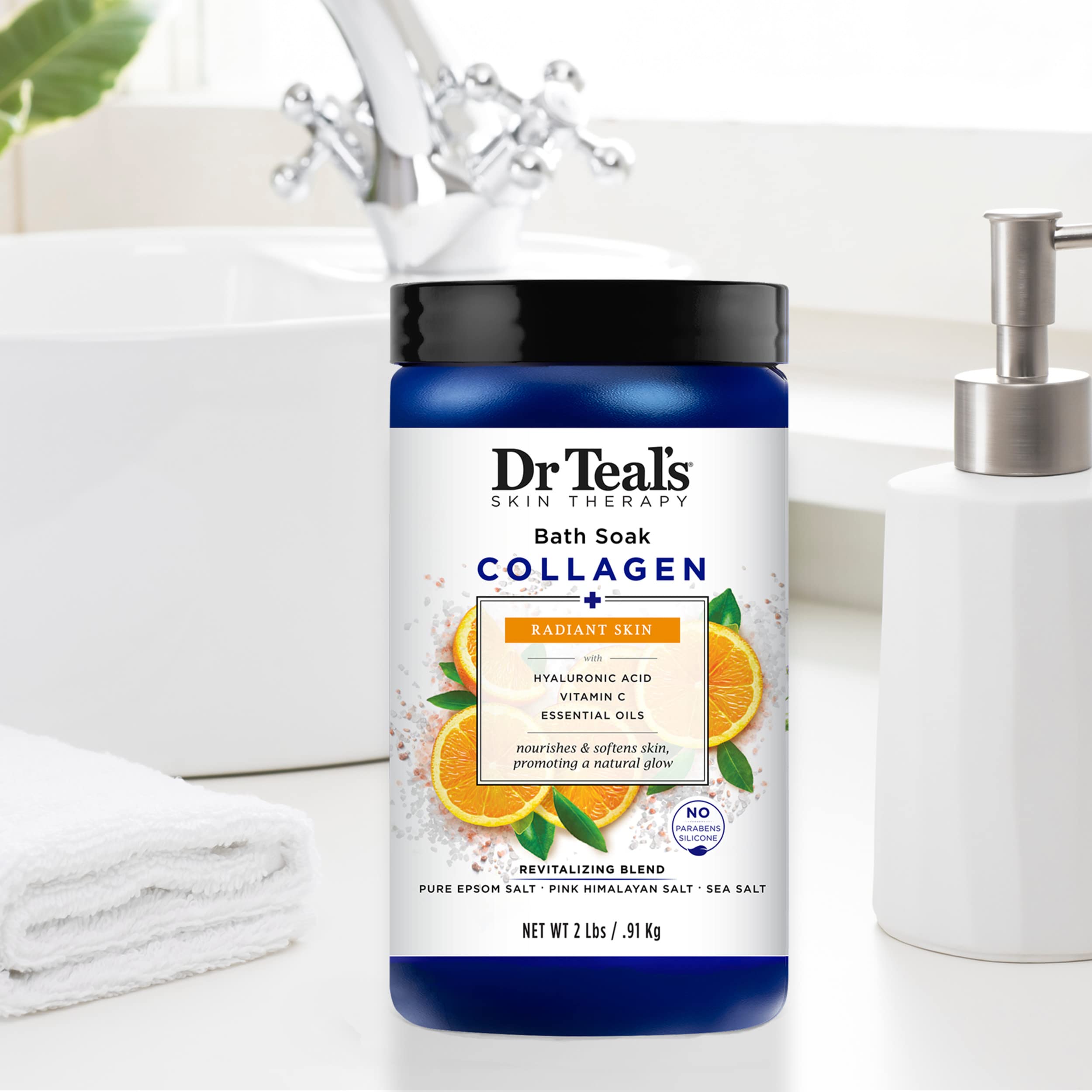 Dr Teal's Skin Therapy Epsom Salt Bath Soak Collagen + Radiant Skin with Hyaluronic Acid, Vitamin C and Essential Oils, 2 lbs (Packaging May Vary)