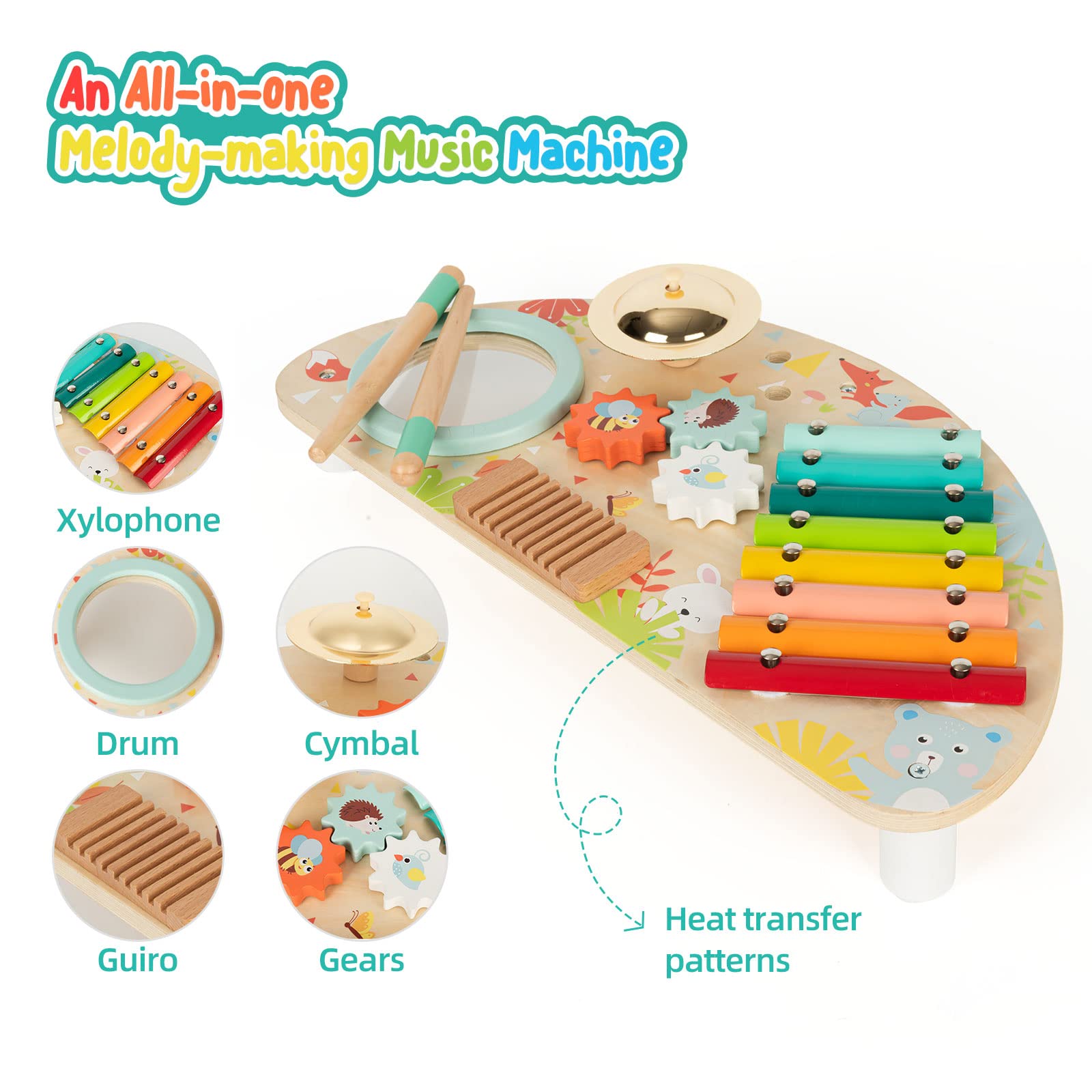 Baby Toys Musical Instruments, Rundad All-in-one Wooden Montessori Musical Set for 1&2Y (Includes Xylophone Drum Cymbal Guiro Gears), Gifts for 1+ Year Old Girl Preschool