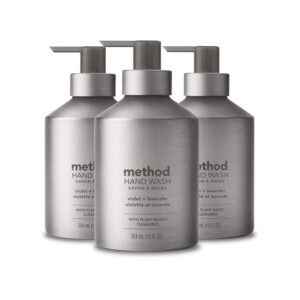 method gel hand soap, violet + lavender, reusable silver aluminum bottle, biodegradable formula, 12 oz (pack of 3)