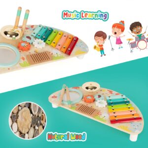 Baby Toys Musical Instruments, Rundad All-in-one Wooden Montessori Musical Set for 1&2Y (Includes Xylophone Drum Cymbal Guiro Gears), Gifts for 1+ Year Old Girl Preschool