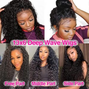 CHEETAHBEAUTY Deep Wave 13X6 HD Transparent Lace Front Wigs Brazilian 10A Grade Deep Curly Human Hair Wigs for Black Women Pre Plucked with Baby Hair Natural Black 250% Density(30inch)