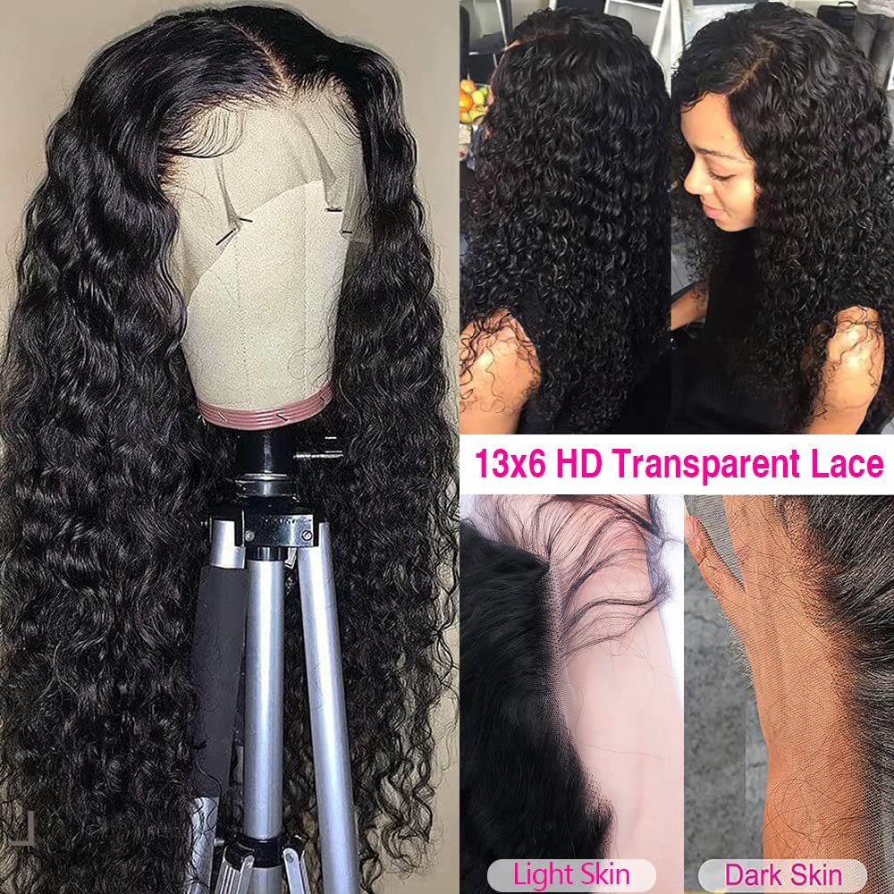 CHEETAHBEAUTY Deep Wave 13X6 HD Transparent Lace Front Wigs Brazilian 10A Grade Deep Curly Human Hair Wigs for Black Women Pre Plucked with Baby Hair Natural Black 250% Density(30inch)