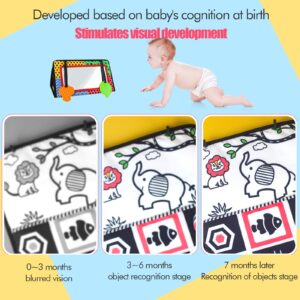 DASIGJID Tummy Time Mirror Baby Toys - High Contrast 3D Activity Montessori Soft Crinkle Foldable Sensory Toy with Infant Silicone Teether for 0-3 Years Babies Boys Girls