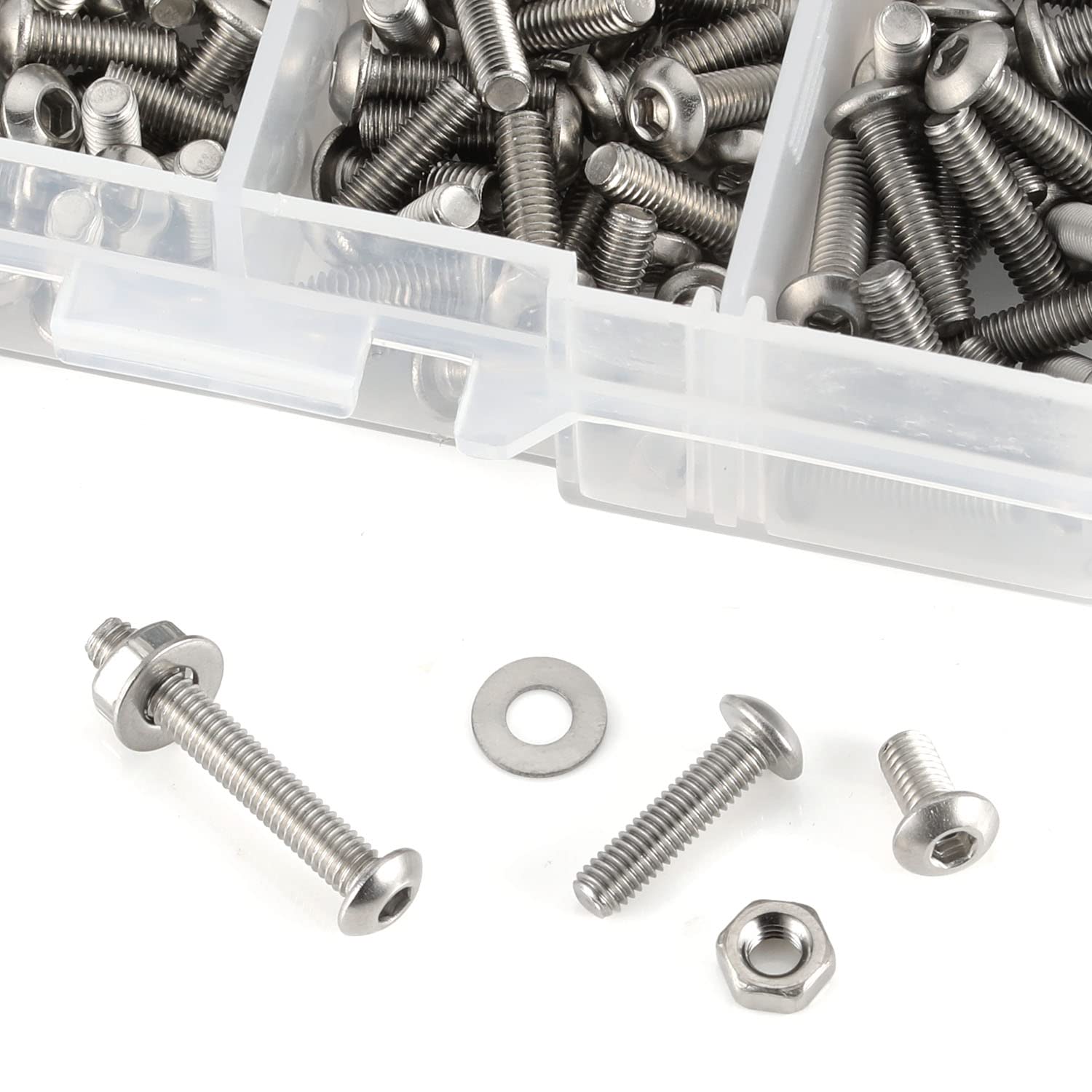 280 PCS M3 Button Head Socket Cap Bolts Screws Nuts Flat Washers Assortment Kit, Stainless Steel 304