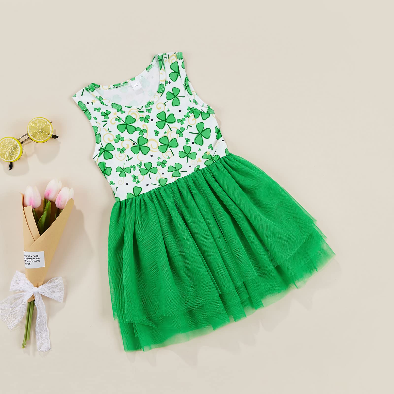 fyclemt Toddler Baby Girls St.Patrick´s Day Outfit Ruffle Short Sleeve Tutu Dress Clover Tulle Skirt Princess Sundress Clothes Set (Clover Print, 2-3T)