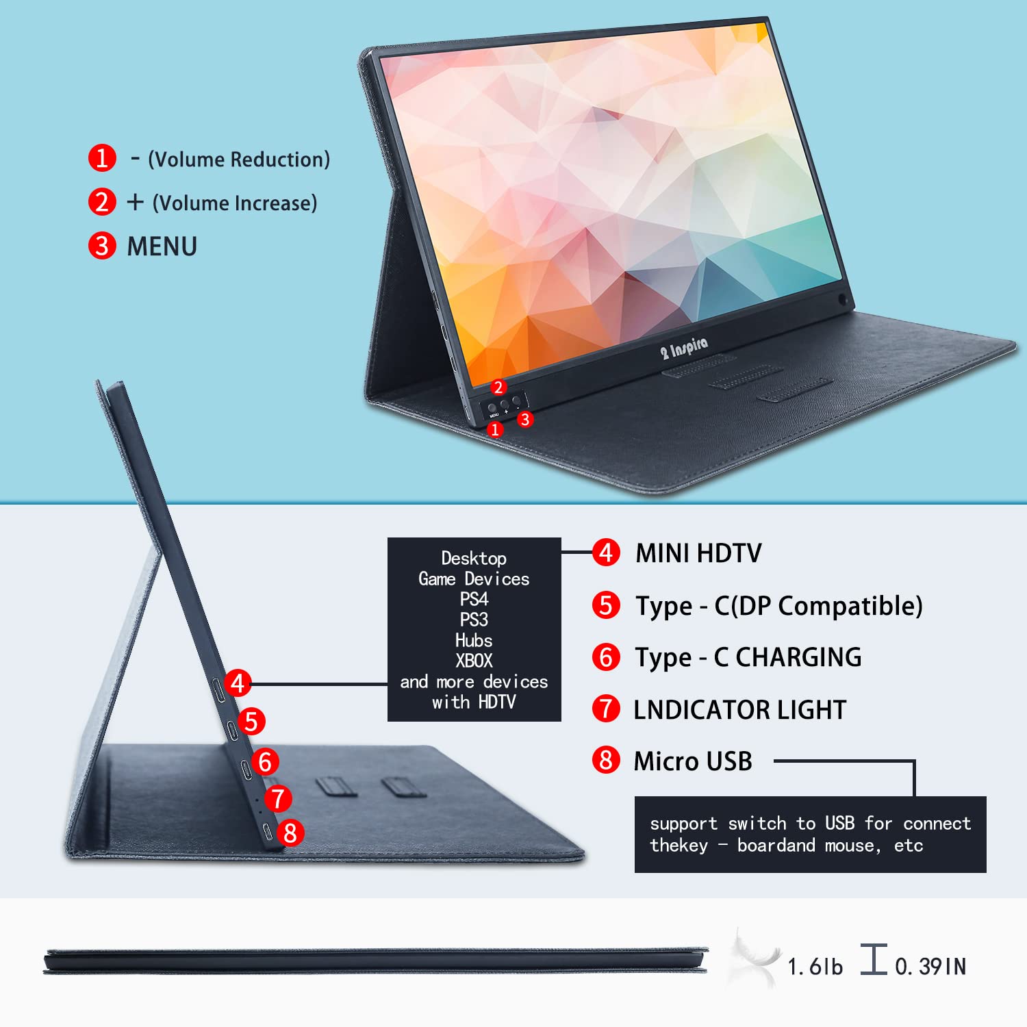 2inspira Portable Monitor External Mobile Second Extender Screen for Laptop with Touchscreen Battery, USB C 15.6 Inch, Small HDMI, Perfect for Travel, Computer, MacBook pro & air, Xbox