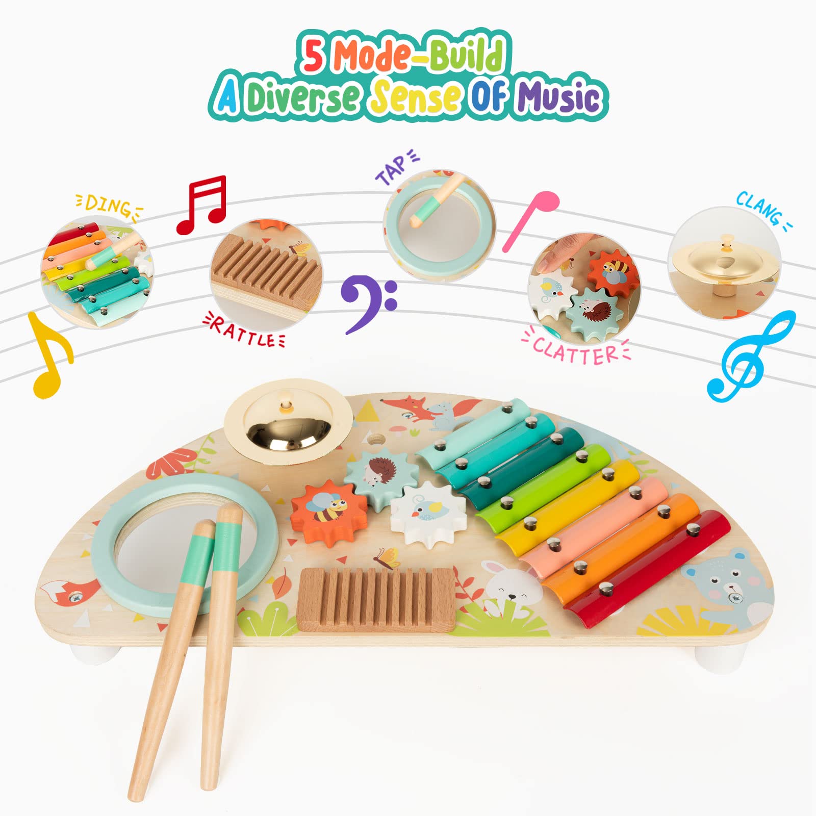 Baby Toys Musical Instruments, Rundad All-in-one Wooden Montessori Musical Set for 1&2Y (Includes Xylophone Drum Cymbal Guiro Gears), Gifts for 1+ Year Old Girl Preschool