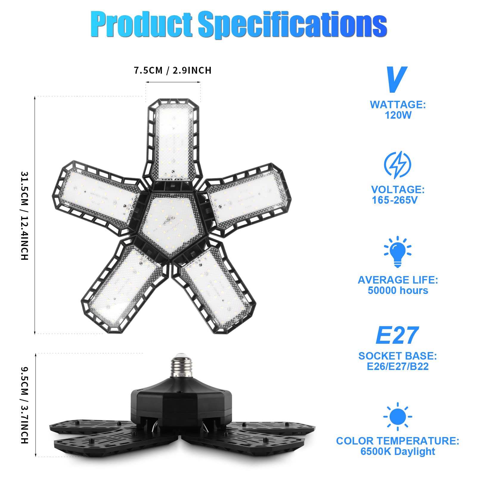 CREATESTAR Garage Lights Ceiling Led, 120W 6500K Garage Lights with 5 Adjustable Panels Deformable LED Garage Ceiling Lights, Garage Led Light, Garage Lighting for Basement, Barn E26/E27