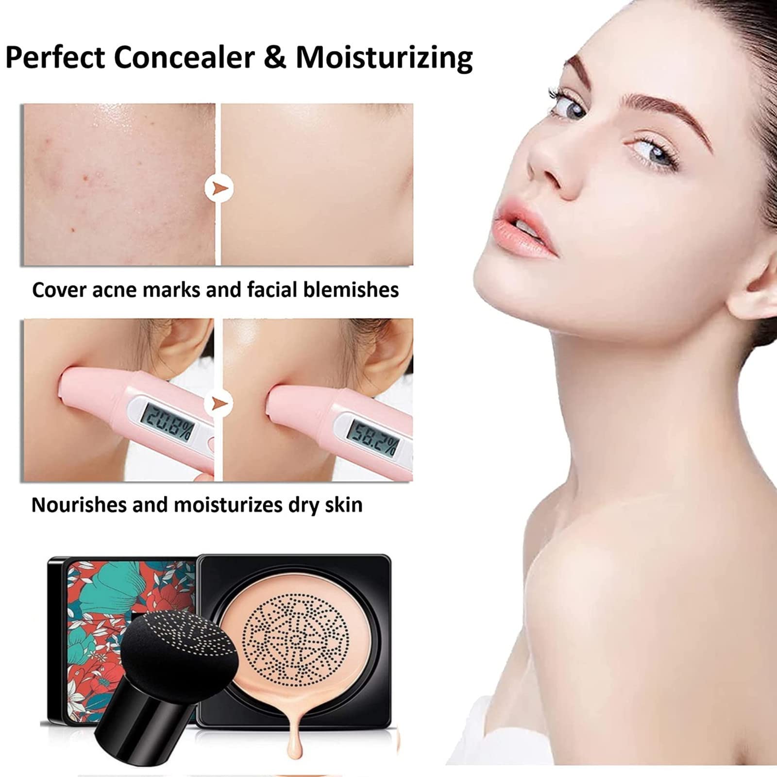 Mushroom Head Air Cushion CC Cream, CC Cream Foundation, Matte Conceal BB Cream, Long Lasting Waterproof Moisturizing Concealer Nude Face Makeup Cushion Foundation with Makeup Sponge (Natural)