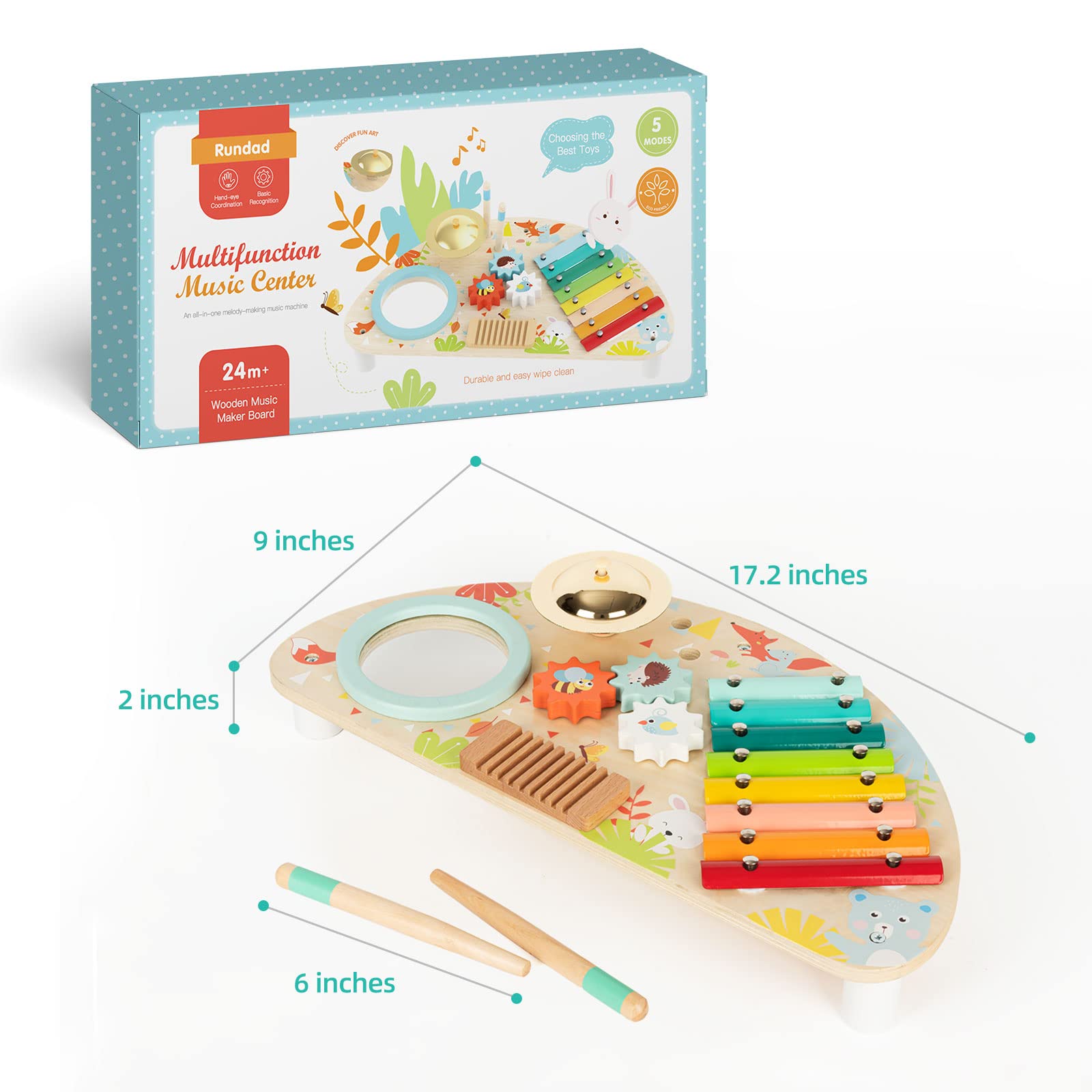 Baby Toys Musical Instruments, Rundad All-in-one Wooden Montessori Musical Set for 1&2Y (Includes Xylophone Drum Cymbal Guiro Gears), Gifts for 1+ Year Old Girl Preschool