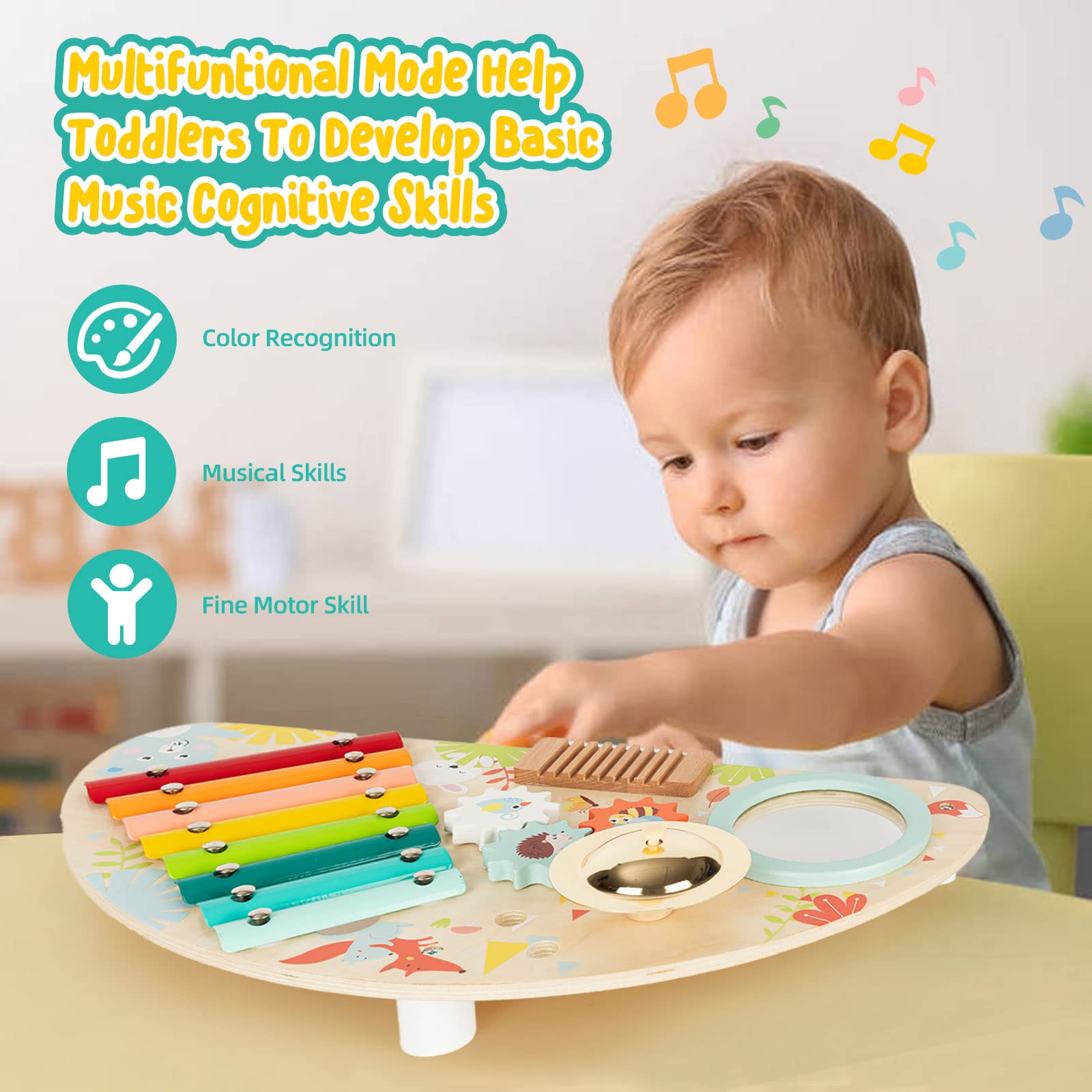 Baby Toys Musical Instruments, Rundad All-in-one Wooden Montessori Musical Set for 1&2Y (Includes Xylophone Drum Cymbal Guiro Gears), Gifts for 1+ Year Old Girl Preschool