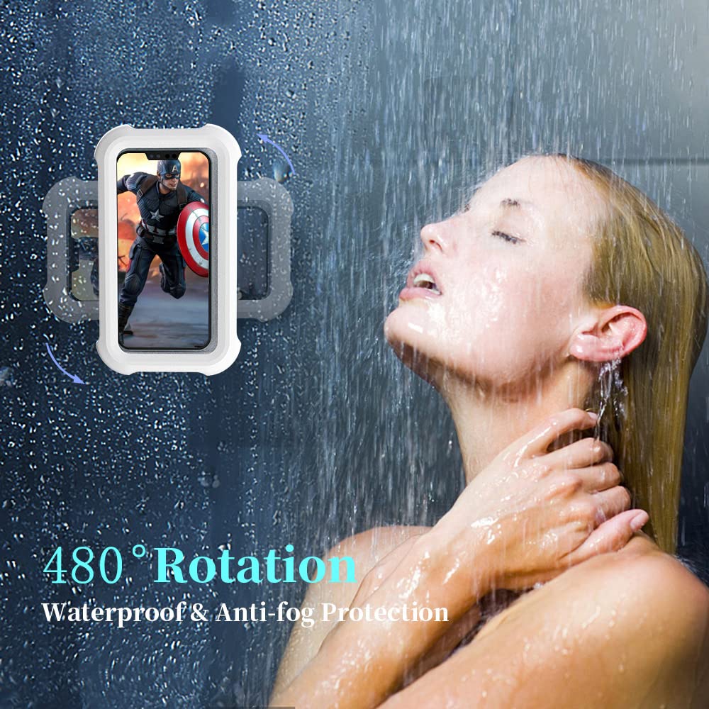 Upgraded 480° Rotating Shower Phone Holder Waterproof Case with Touch Screen,OOLYICO Shower Accessories Guardian Buddy Holder Wall Mount Shelf in Bathroom Bathtub for 4" - 7" Cell Phone