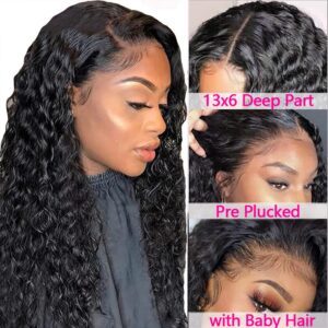 CHEETAHBEAUTY Deep Wave 13X6 HD Transparent Lace Front Wigs Brazilian 10A Grade Deep Curly Human Hair Wigs for Black Women Pre Plucked with Baby Hair Natural Black 250% Density(30inch)