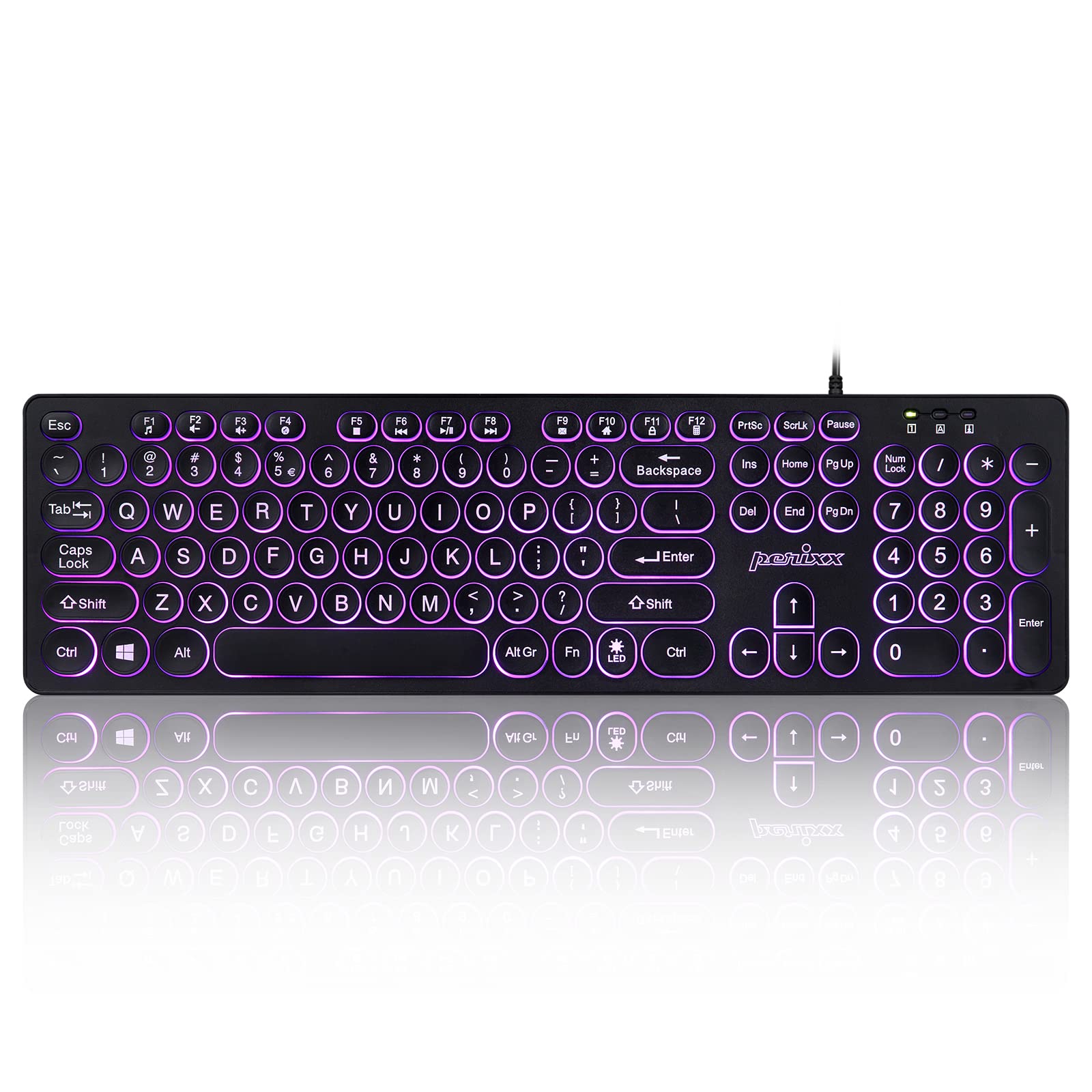 Perixx PERIBOARD-317R Wired Backlit USB Keyboard - Big Print Letter - Tri-Color Illuminated LED - Stylish Round Keycaps - US English