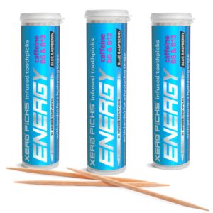 xero picks energy infused flavored toothpicks with caffeine, b12 and b6-80 picks - 4 pack - fruit punch, cool mint, berry, cinnamint