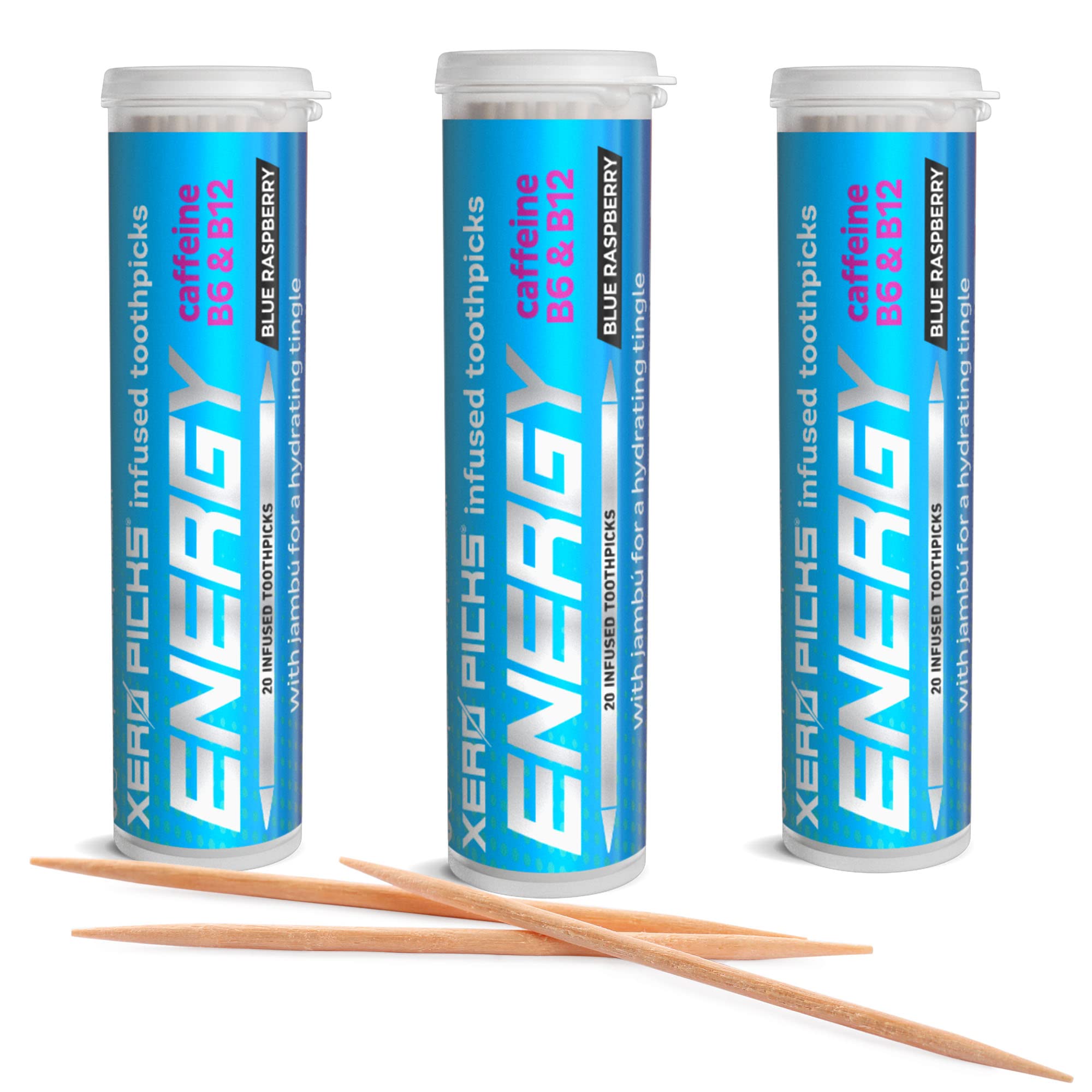 Xero Picks Energy Infused Flavored Toothpicks with Caffeine, B12 and B6-80 Picks - 4 Pack - Fruit Punch, Cool Mint, Berry, Cinnamint