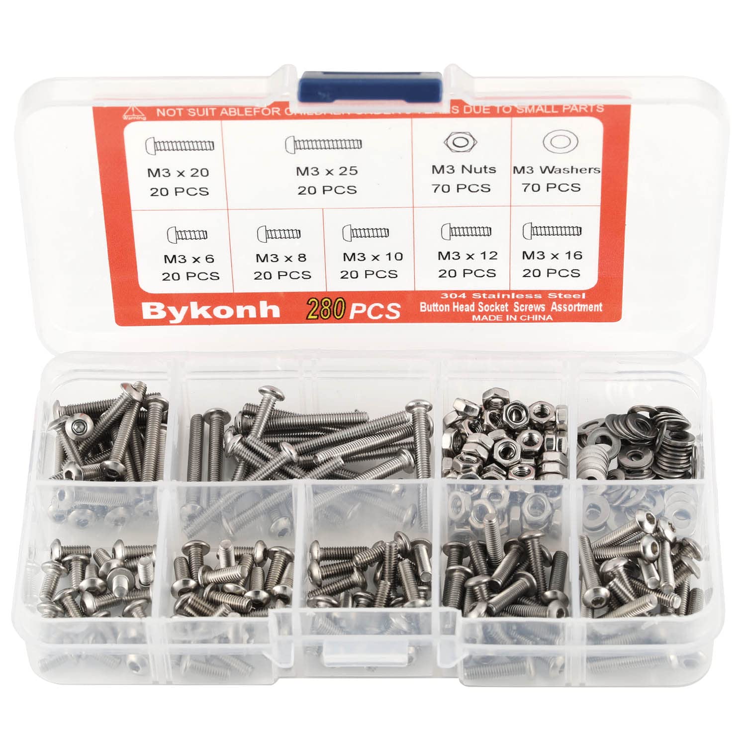 280 PCS M3 Button Head Socket Cap Bolts Screws Nuts Flat Washers Assortment Kit, Stainless Steel 304