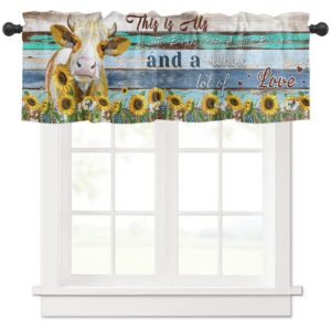 zereaa farmhouse cows with sunflower wooden texture privacy decorative rod pocket short window valance curtains for kitchen, living room, bedroom, bathroom 54" w x 18" l