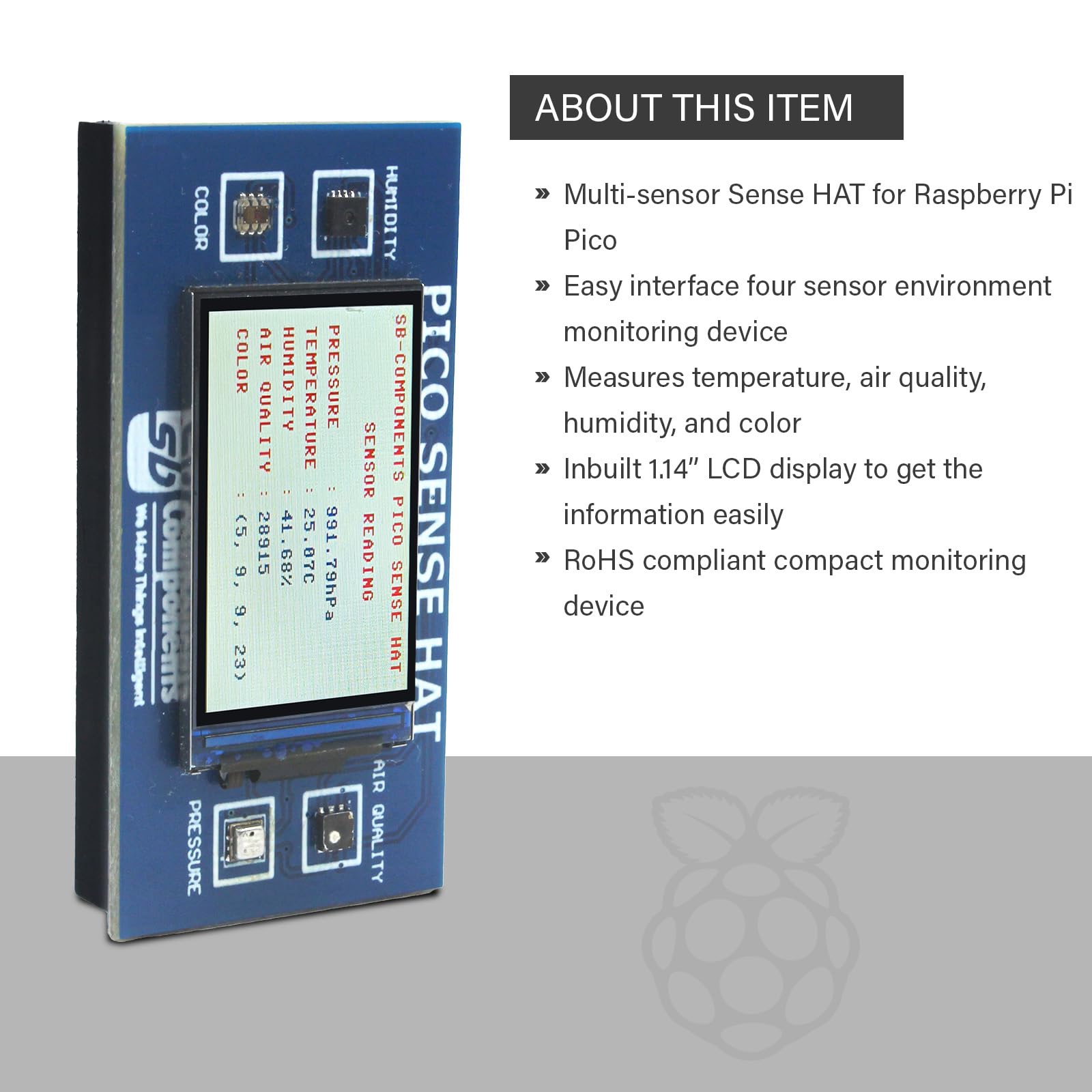 Raspberry Pi Pico with Pico Sense HAT Multi Sensor Humidity, Air Quality, Color, Pressure Sensor Sense HAT for Pico with Inbuilt 1.14” LCD Display