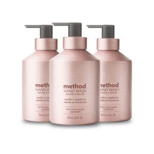 method gel hand soap, vanilla + raspberry, reusable pink aluminum bottle, biodegradable formula, 12 oz (pack of 3)