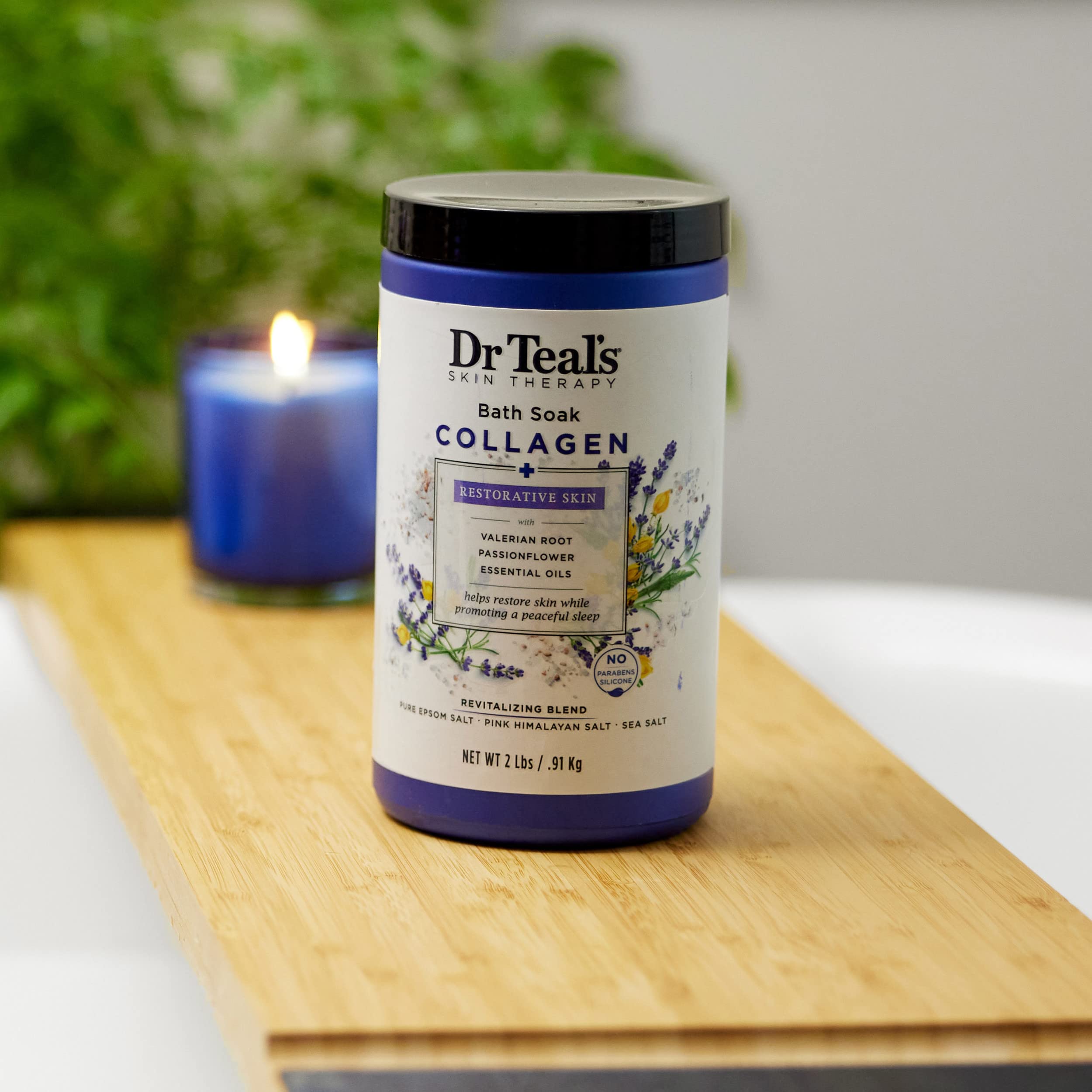 Dr Teal's Skin Therapy Epsom Salt Bath Soak Collagen + Restorative Skin with Valerian Root, Passionflower and Essential Oils, 2 lbs (Packaging May Vary)