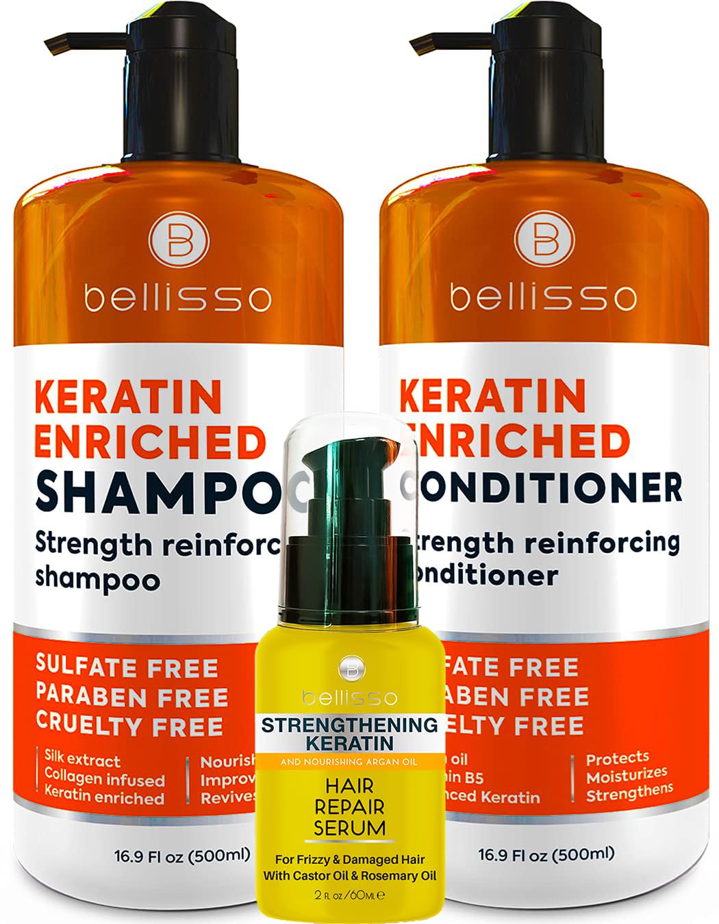 BELLISSO Keratin Shampoo and Conditioner Set and Keratin Hair Serum