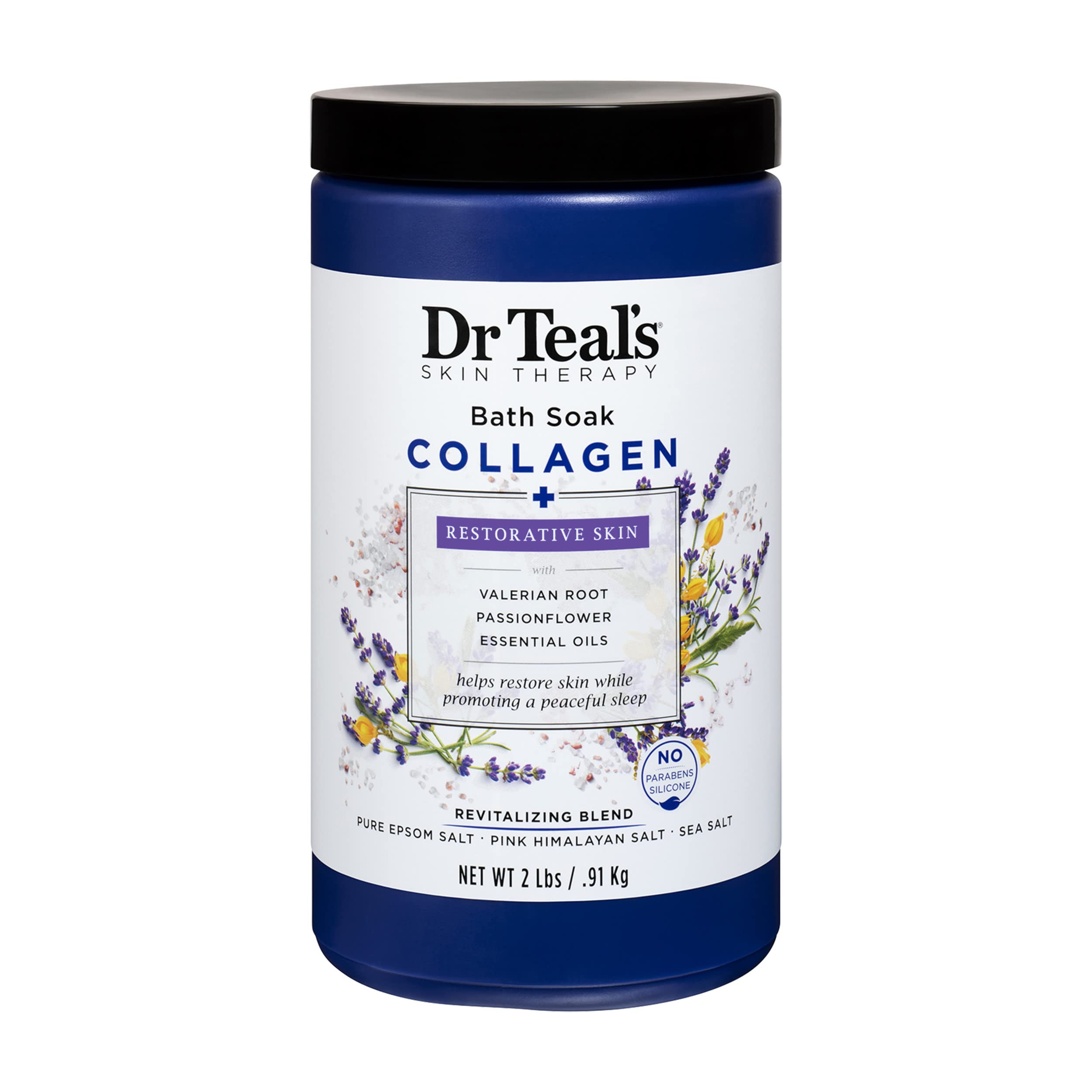 Dr Teal's Skin Therapy Epsom Salt Bath Soak Collagen + Restorative Skin with Valerian Root, Passionflower and Essential Oils, 2 lbs (Packaging May Vary)