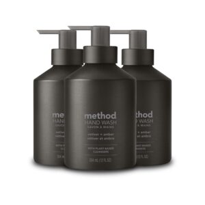 method gel hand soap, vetiver + amber, reusable black aluminum bottle, biodegradable formula, 12 oz (pack of 3)