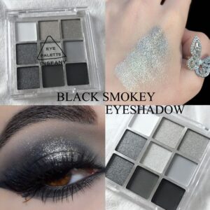 Yeweian Black Smokey Eyeshadow Palette, 9 Colors Black Silver Gray White Goth Eyeshadow Makeup Palette, Waterproof Cool Toned Matte Glitter Eyeshadow Palette Sombras De Ojos Profesional