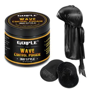 natural wave pomade for men strong hold, easy wash (wave pomade, 2 wave brushes, silky durag) promotes moisture, control & shine