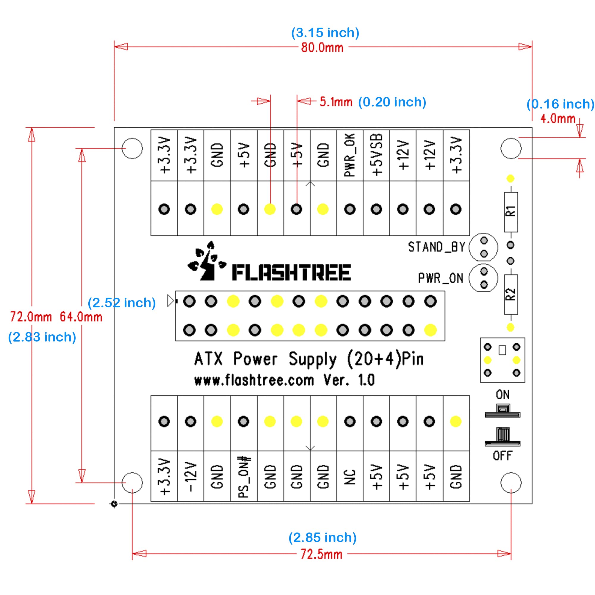 risingsaplings ATX DC Power Supply Breakout Board 24/20-pin