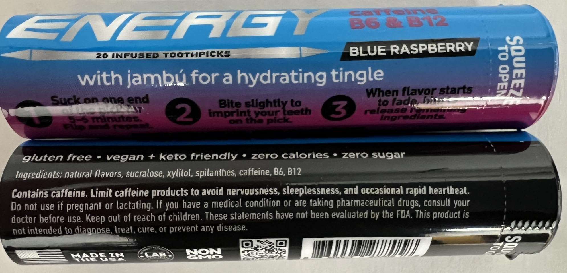 Xero Picks Energy Infused Flavored Toothpicks with Caffeine, B12 and B6-80 Picks - 4 Pack - Fruit Punch, Cool Mint, Berry, Cinnamint