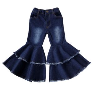 kids toddler baby girl flared jeans bell bottom ruffled pants ripped denim legging trousers for little girls (c-blue, 2-3 years)