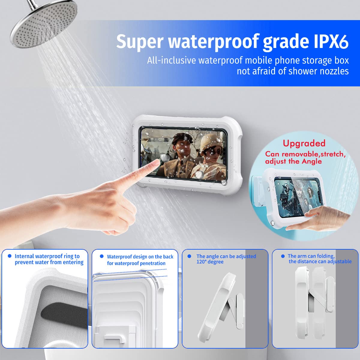 Upgraded 480° Rotating Shower Phone Holder Waterproof Case with Touch Screen,OOLYICO Shower Accessories Guardian Buddy Holder Wall Mount Shelf in Bathroom Bathtub for 4" - 7" Cell Phone