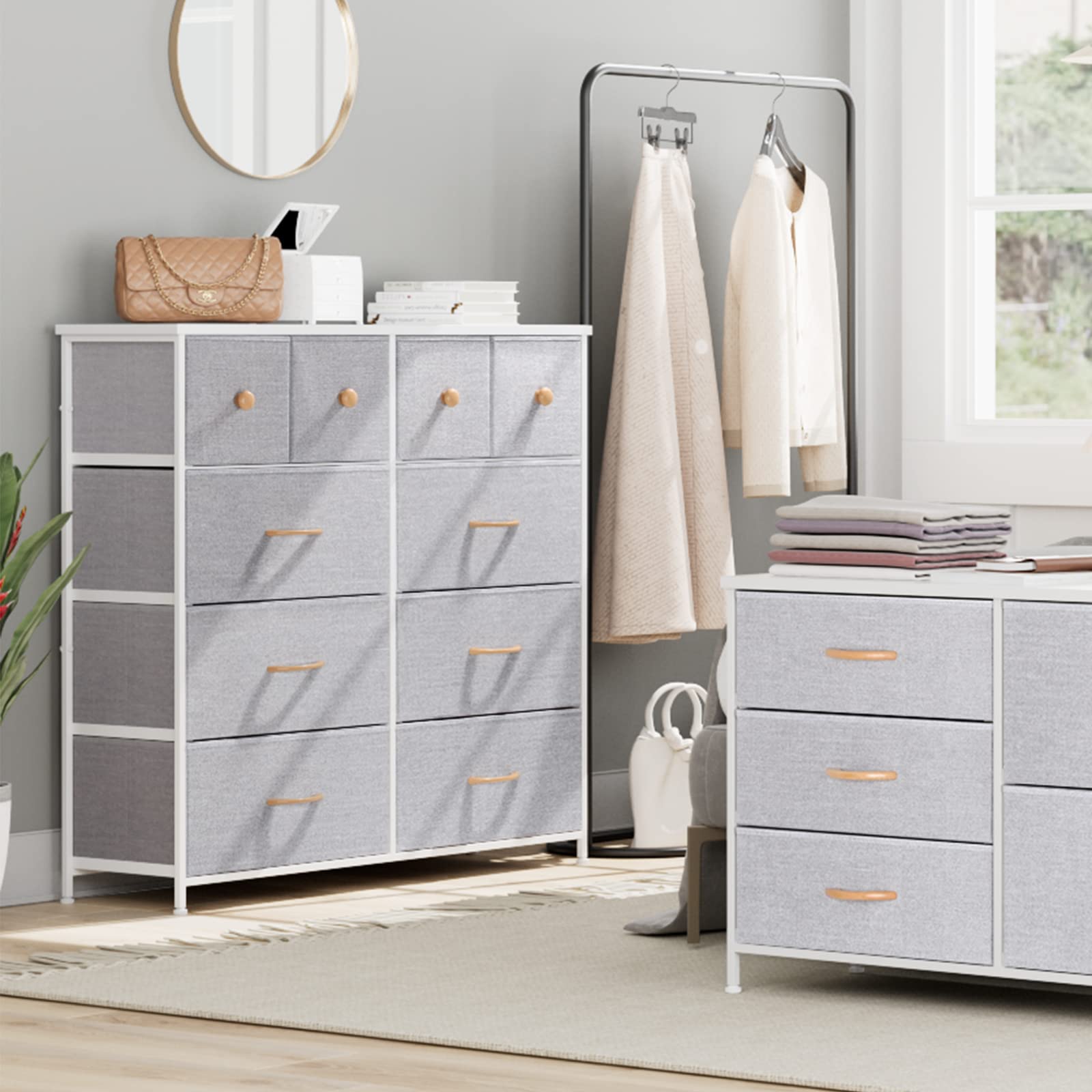 Nicehill Dresser for Bedroom with 10 Drawers, Storage Drawer Organizer, Tall Chest of Drawers for Closet, Living Room, Hallway, Entryway, Fabric Drawers(Light Grey)