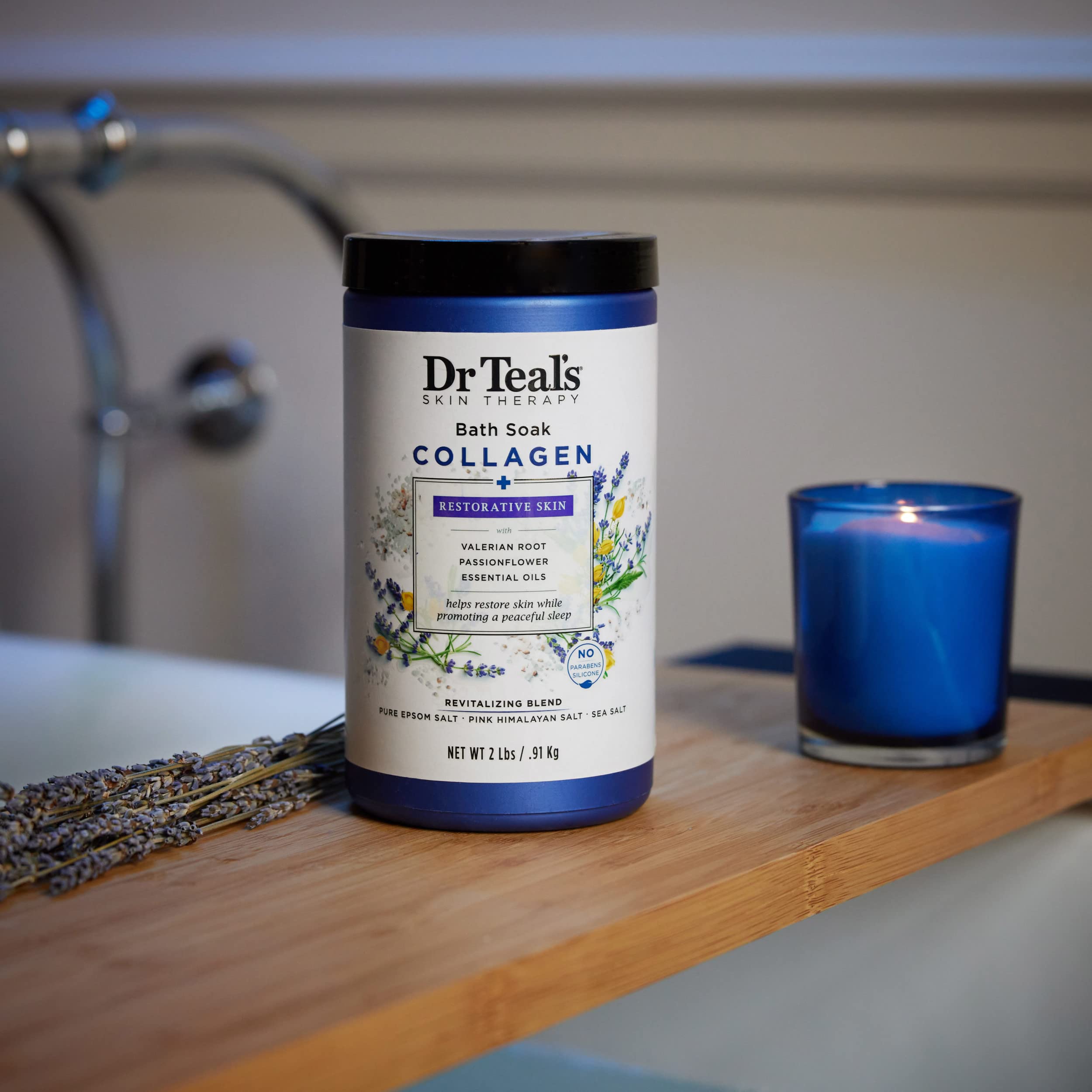 Dr Teal's Skin Therapy Epsom Salt Bath Soak Collagen + Restorative Skin with Valerian Root, Passionflower and Essential Oils, 2 lbs (Packaging May Vary)