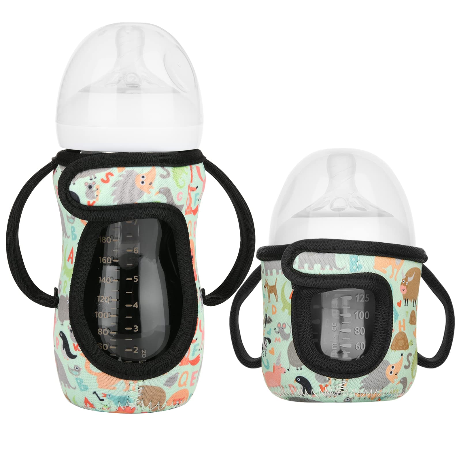 Beautyflier Set of 2 Glass Baby Bottle Sleeves with Double Handles Adjustable Sleeves Neoprene Holder for Philips Avent Natural 4oz-5oz, 8oz-9oz and More (Land Animals)